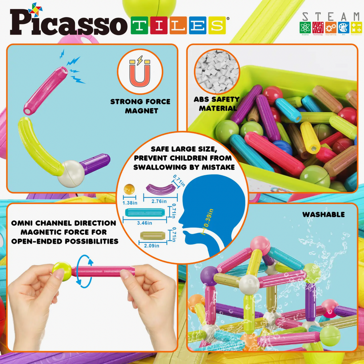 PicassoTiles 100 Piece Magnetic Stick Stacking Construction – Stay Forever